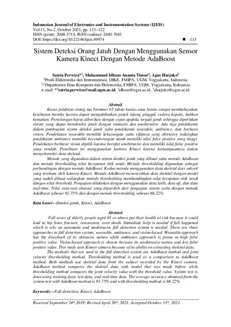 Pdf Sistem Deteksi Orang Jatuh Dengan Menggunakan Sensor Kamera Kinect Dengan Metode Adaboost
