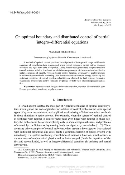 Pdf On Optimal Boundary And Distributed Control Of Partial Integro
