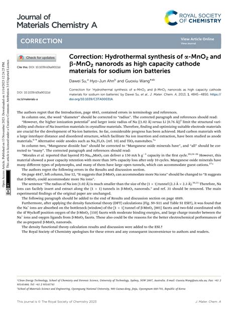 Pdf Correction Hydrothermal Synthesis Of α Mno 2 And β Mno 2 Nanorods As High Capacity