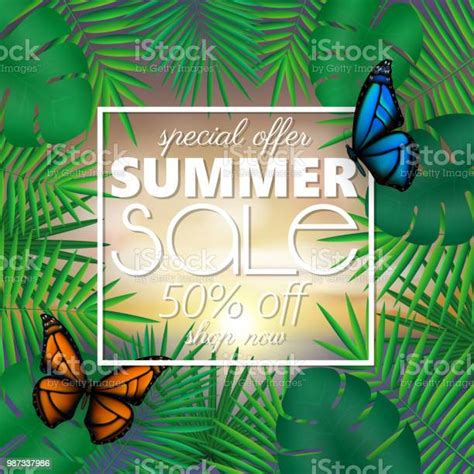 여름 판매 배너 종 려 잎 및 정글 리프 포스터 템플릿 화려한 나비와 꽃 열 대 여름 배경입니다 3차원 형태에 대한 스톡 벡터