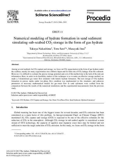 Pdf Numerical Modeling Of Hydrate Formation In Sand Sediment Simulating Sub Seabed Co2 Storage