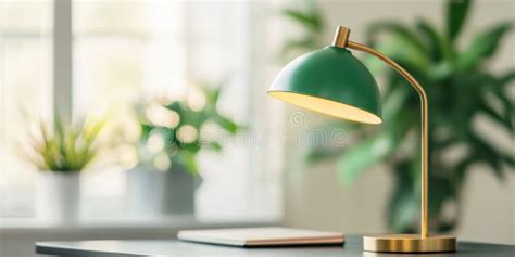 Modern Green Desk Lamp Illuminating Workspace With Houseplants In
