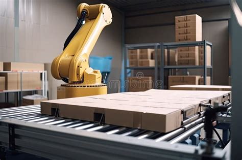 Robotic Arm Picking Up Package From Conveyor Belt And Placing It On