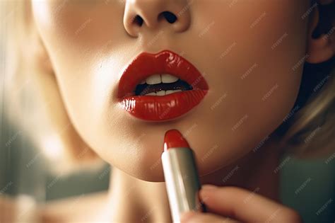 Premium Ai Image A Woman Wearing Red Lipstick And Using A Lipstick Brush