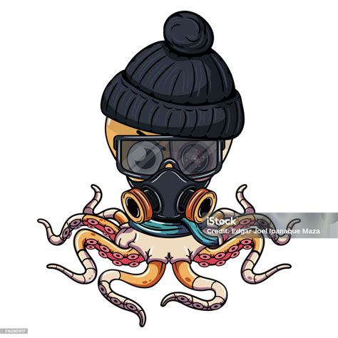 비니 방독면 고글을 착용한 만화 문어 사이보그 로봇이 시원하고 신비로운 분위기를 자아냅니다 세련되고 도시적인 디자인에 적합합니다 판타지 공상 과학 및 모험 만화를 위한