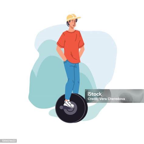 플랫 만화 소년 캐릭터 타고 외발 자전거 벡터 일러스트 개념 디자인에 대한 스톡 벡터 아트 및 기타 이미지 디자인 만화