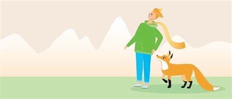 어린 왕자와 여우 복사 공간 템플릿 책에서 문자로 길들이는 여우 또는 친구와 플랫 벡터 스톡 일러스트 귀여운에 대한 스톡 벡터