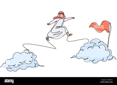 Single Continuous Line Drawing Arab Businessman Jump Over Clouds To