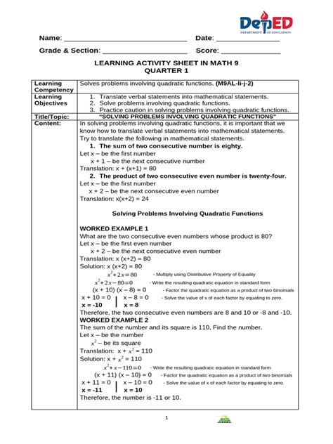 Las Math 9 Quarter 1 Day 1 2 Pdf