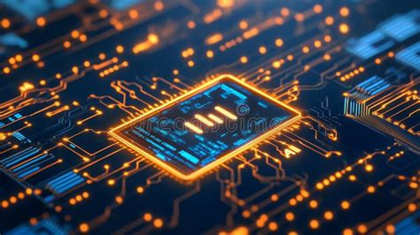 Glowing Cpu Chip On Blue Circuit Board Technology Design Element Innovation Background Stock