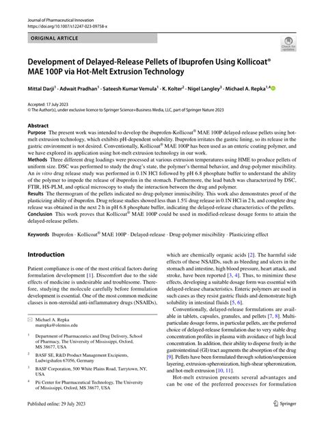 Pdf Development Of Delayed Release Pellets Of Ibuprofen Using