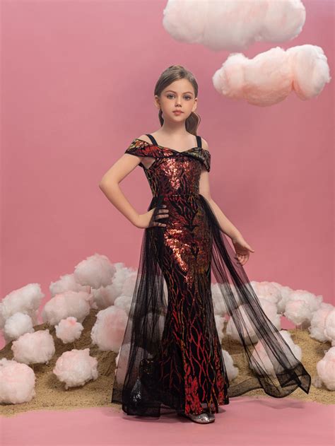 Tween Girls Off Shoulder Graphic Sequin Party Dress Elonnashop