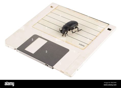 bug on retro floppy diskette computer error concept isolated on white