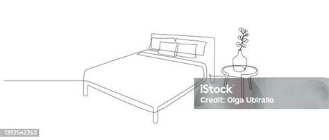 몬스터 잎이있는 꽃병이있는 더블 침대와 테이블의 연속 한 줄 그리기 간단한 선형 스타일의 수면 침실을위한 스칸디나비아 세련된 가구 편집 가능한 스트로크 낙서 벡터 일러스트