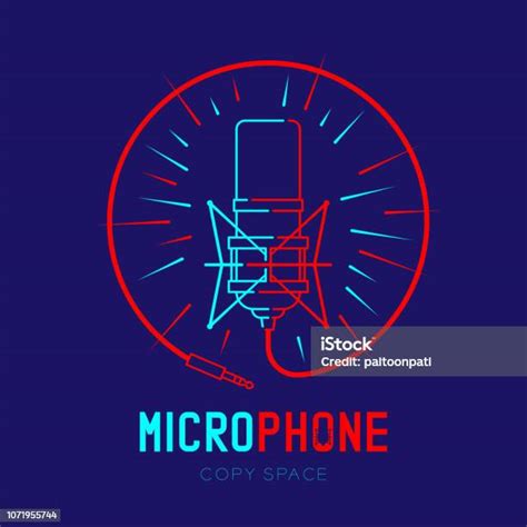 레트로 마이크 로고 아이콘 개요 선 마이크 텍스트와 복사 공간 벡터 Eps 10와 어두운 파란색 배경에 절연 케이블 대시 선