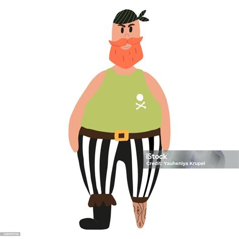 빨간 수염을 가진 귀여운 남성 해적의 벡터 그림 다리 대신 목발을 짚은 해적 건강관리와 의술에 대한 스톡 벡터 아트 및 기타 이미지 건강관리와 의술 걸이 장비 격리