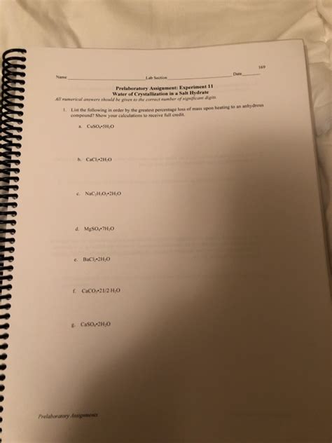 solved al prelaboratory assignment experiment 11 water of