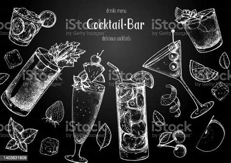 알코올 칵테일 손으로 그린 벡터 일러스트레이션 칵테일 스케치 세트 각인 된 스타일 카이피로스카 피 묻은 메리 싱가포르 슬링 긴 섬 아이스 티 마티니 남자 태 드로잉에 대한