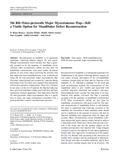 Pdf 5th Rib Osteo Pectoralis Major Myocutaneous Flap—still A Viable Option For Mandibular