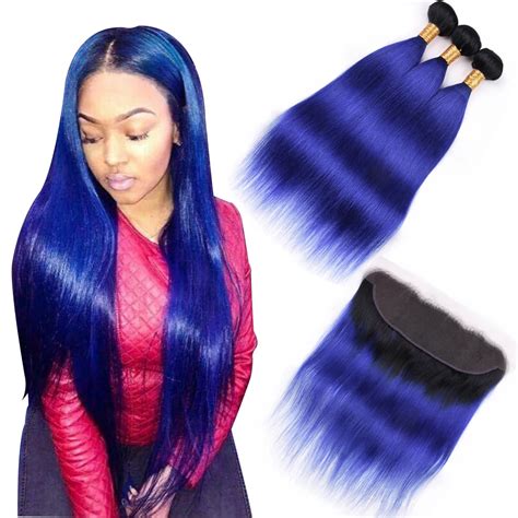 Beaudiva T1b Blue Brazilian Straight Human Hair Bundles With Lace