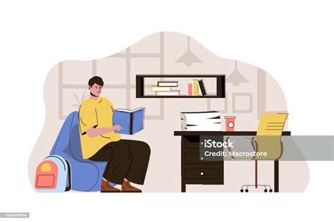 자기 교육 개념 학생은 책을 읽고 가정 상황에서 과목을 공부합니다 지식 인지 능력 사람들 장면 웹 사이트 및 모바일 사이트에 대한 평면 문자 디자인벡터 일러스트레이션 개념에