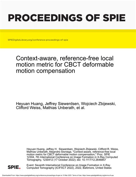 Pdf Context Aware Reference Free Local Motion Metric For Cbct Deformable Motion Compensation