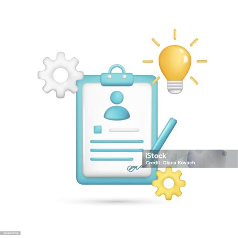 사실적인 3d 클립 보드 개인 문서 펜 전구 설정 아이콘 광택 3d 계약 목록 입사 지원서 Hr 기호 채용 이력서 흰색 배경에 분리된 벡터 그림 3차원 형태에 대한 스톡