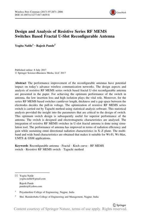 Design And Analysis Of Resistive Series Rf Mems Switches Based Fractal U Slot Reconfigurable