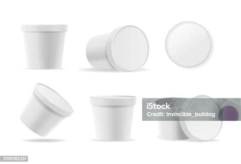 둥근 식품 용기 아이스크림 또는 마요네즈 양동이 모형 세트 고립된 3d 벡터 템플릿 백색 플라스틱 상자 3차원 형태에 대한 스톡 벡터 아트 및 기타 이미지 Istock