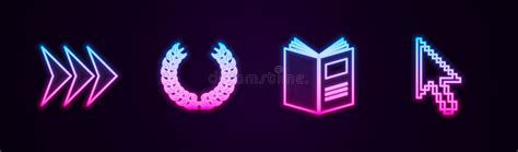 Set Line Arrow Laurel Wreath Open Book And Pixel Arrow Cursor Glowing Neon Icon Stock Vector
