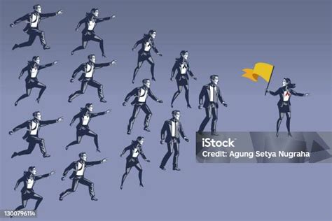 플래그 블루 칼라 일러스트 컨셉을 들고 여성 개척자에 의해 리드를 행진 하는 비즈니스 사람들 기에 대한 스톡 벡터 아트 및 기타 이미지 Istock