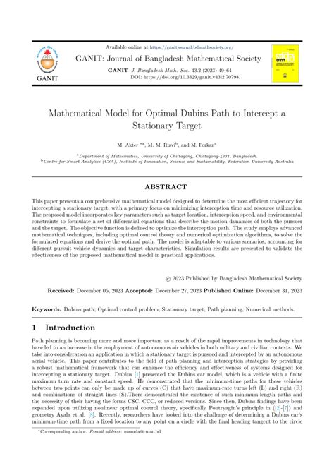 Pdf Mathematical Model For Optimal Dubins Path To Intercept A