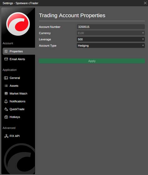 Settings Ctrader Web
