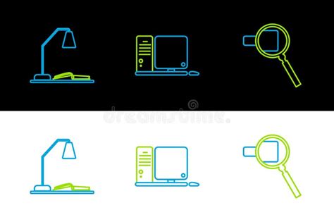 Set Line Magnifying Glass Workplace With Table Lamp And Open Book And Computer Monitor Keyboard