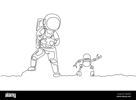 Single Continuous Line Drawing Of Astronaut Playing Robot Radio Control In Moon Surface Having