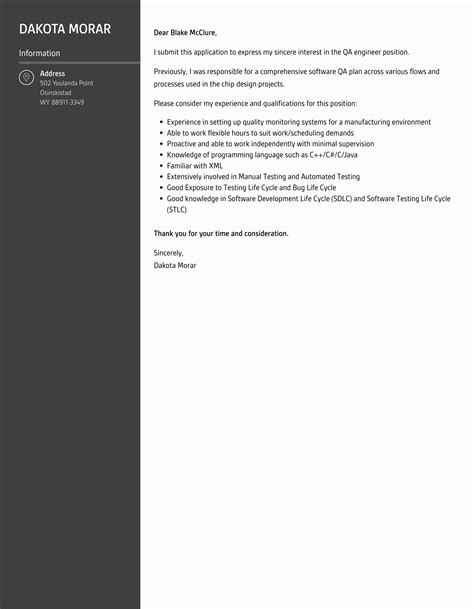 QA Engineer Cover Letter Velvet Jobs