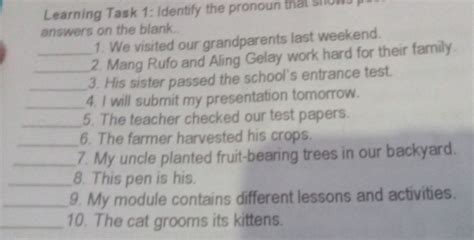 Solved Learning Task 1 Identify the pronoun that SlUWs μ answers on
