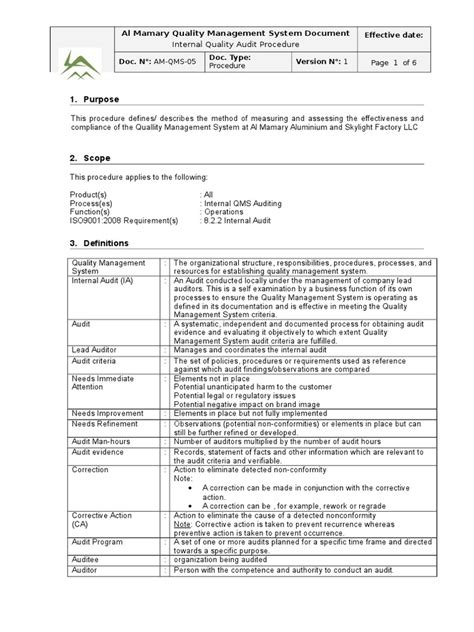 Am Qms 05 Internal Quality Audit Procedure Ver 1 Pdf Internal