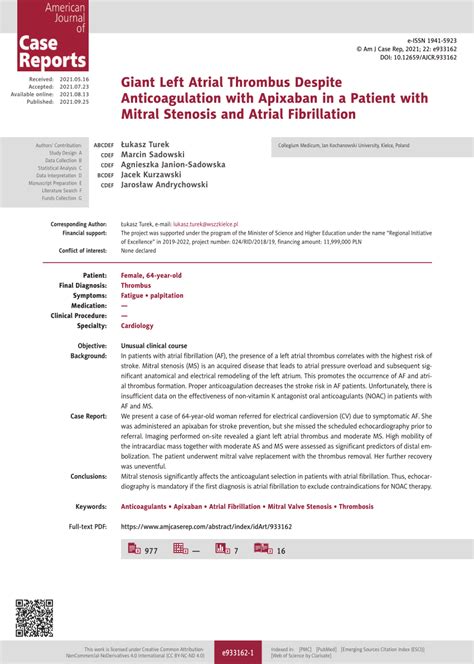 Pdf Giant Left Atrial Thrombus Despite Anticoagulation With Apixaban In A Patient With Mitral