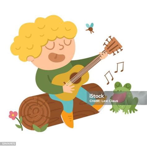 벡터 귀여운 소년은 기타를 연주하고 통나무에 앉아 노래 귀여운 아이와 개구리와 캠프 파이어 활동 장면 흰색 배경에 고립 된 여행자 야외 또는 여름 캠프 관광 아이콘 아이에