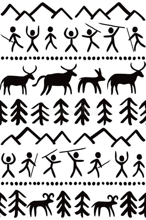 Prehostoric Cave Paintings Art Vector Seamless Pattern With People