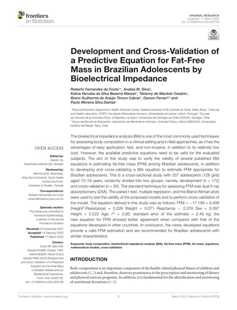 Pdf Development And Cross Validation Of A Predictive Equation For Fat Free Mass In Brazilian