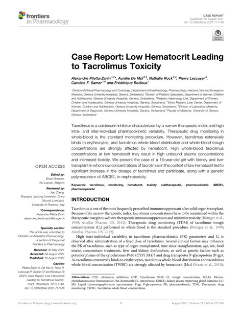 Pdf Case Report Low Hematocrit Leading To Tacrolimus Toxicity