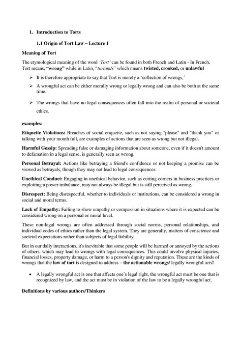 LAW OF Torts Notes Introduction To Torts Origin Of Tort Law Lecture Meaning Of Tort