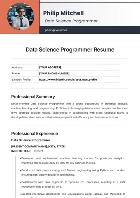 Free Data Science Programmer Resume Template To Edit Online