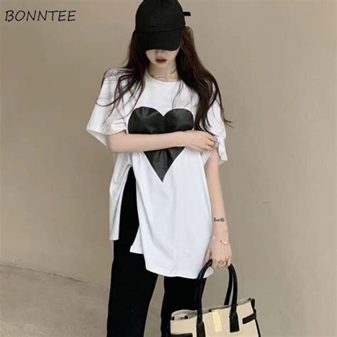 여성용 사이드 슬릿 디자인 티셔츠 올매치 베이직 데일리 스트리트웨어 여름 의류 캐주얼 상의 심플하고 인기있는 한국 스타일 Aliexpress