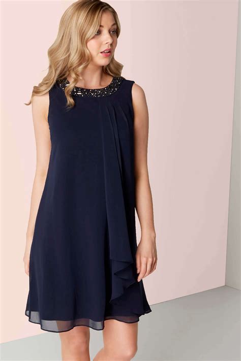 Embellished Neck Chiffon Dress In Navy Roman Originals Uk