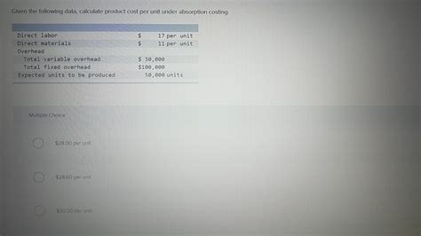 Solved Given The Following Data Calculate Product Cost Per