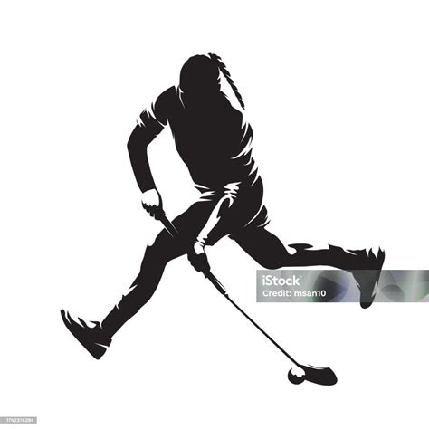 플로어볼 막대기와 공으로 플로어볼을 하는 여자 고립된 벡터 실루엣 Championship에 대한 스톡 벡터 아트 및 기타 이미지 Championship 검은색 경기