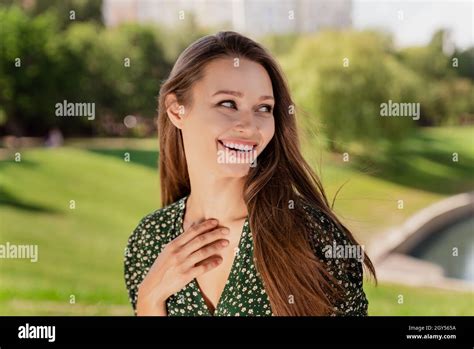 Photo Of Positive Stunning Girlfriend Lady Shiny White Smile Look Side